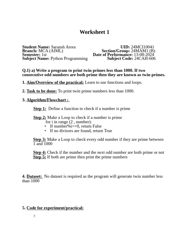 Python Worksheet 1 | PDF