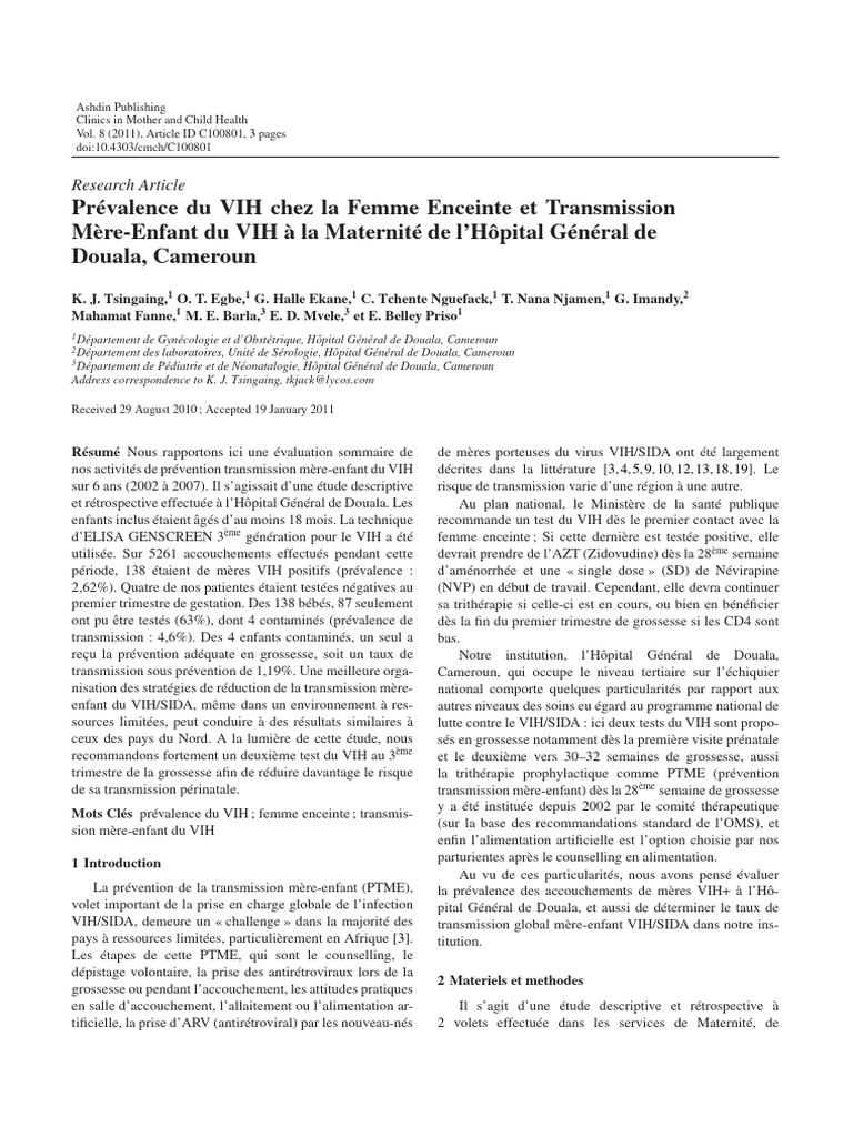 Prévalence Du VIH Chez La Femme Enceinte Et Transmission Mère-Enfant Du ...