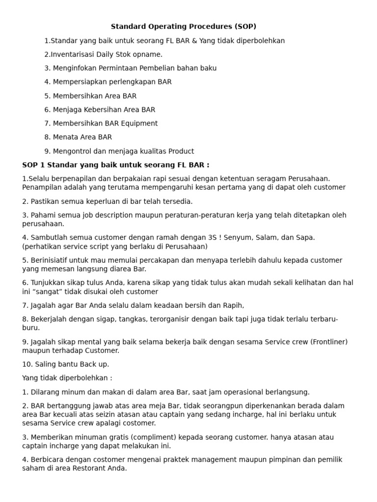 SOP Operasional untuk Area BAR | PDF