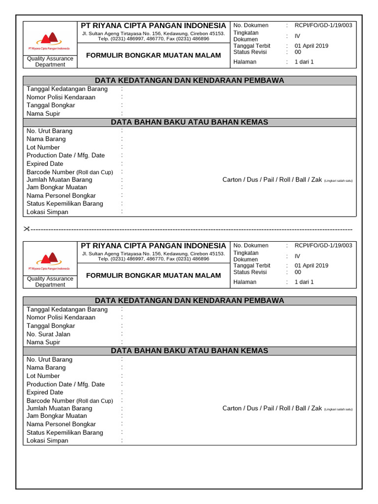 Form Bongkar Muatan Malam | PDF