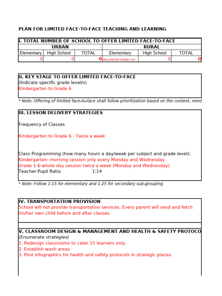 Consolidated Transition Plan For Limited Face To Face | PDF
