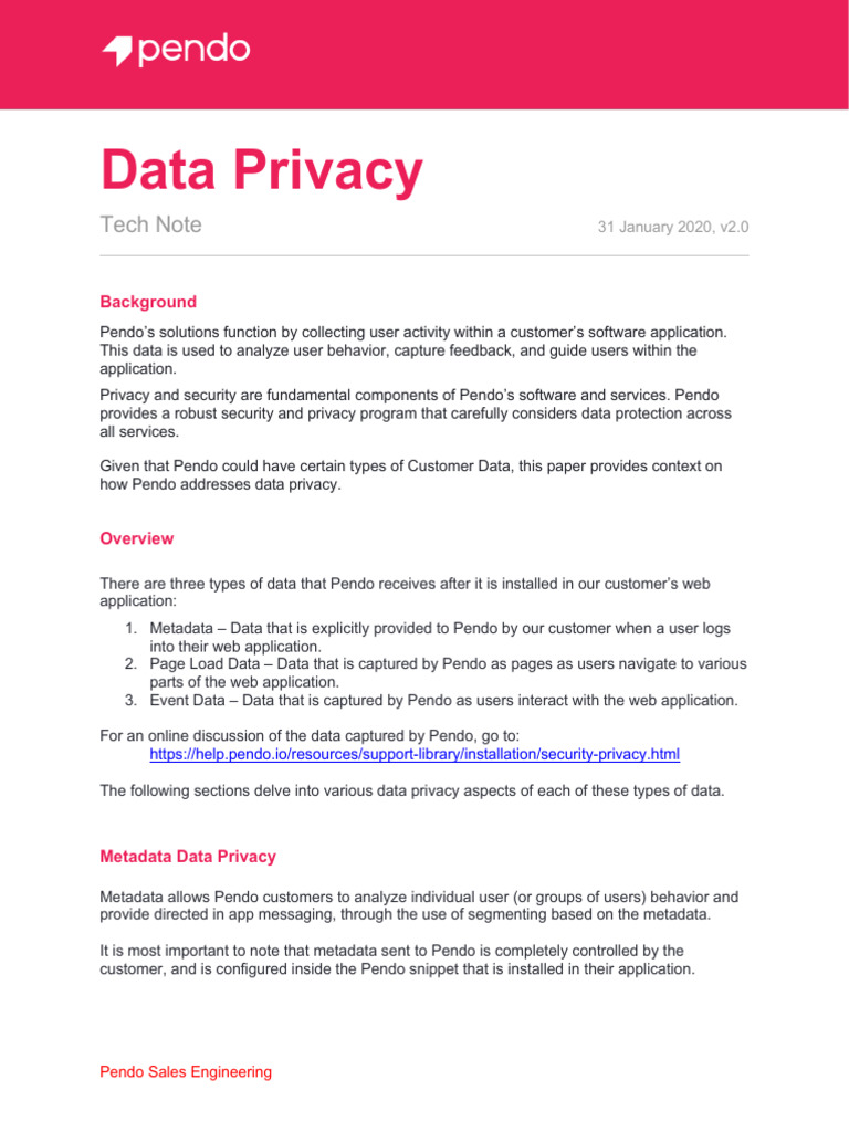 Pendo Tech Note - Data Privacy - PUBLIC - 20200131 | PDF