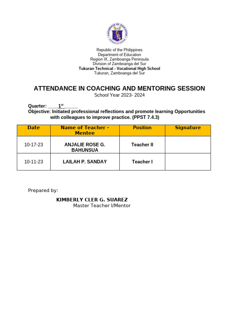 Attendance of Coaching and Mentoring | PDF