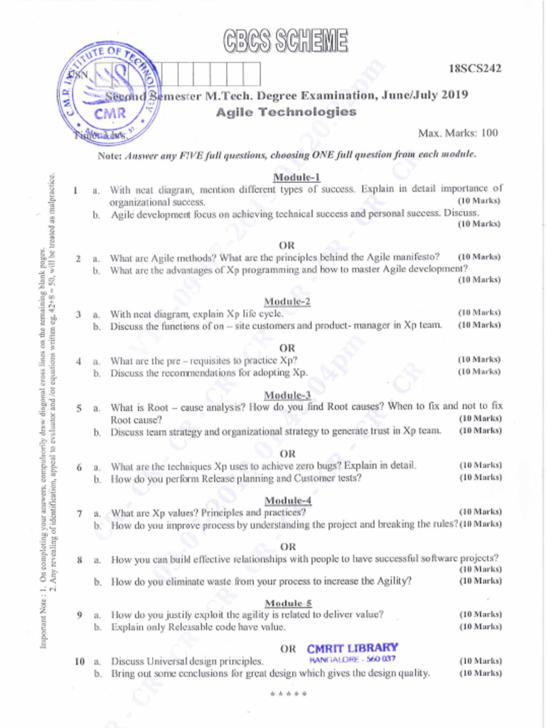 VTU Question Paper of 18SCS242 Agile Technology Jun-2019 | PDF