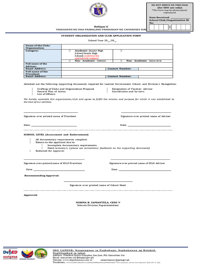 ANNEX H. STUDENT ORGANIZATION AND CLUB APPLICATION FORM With Elem | PDF