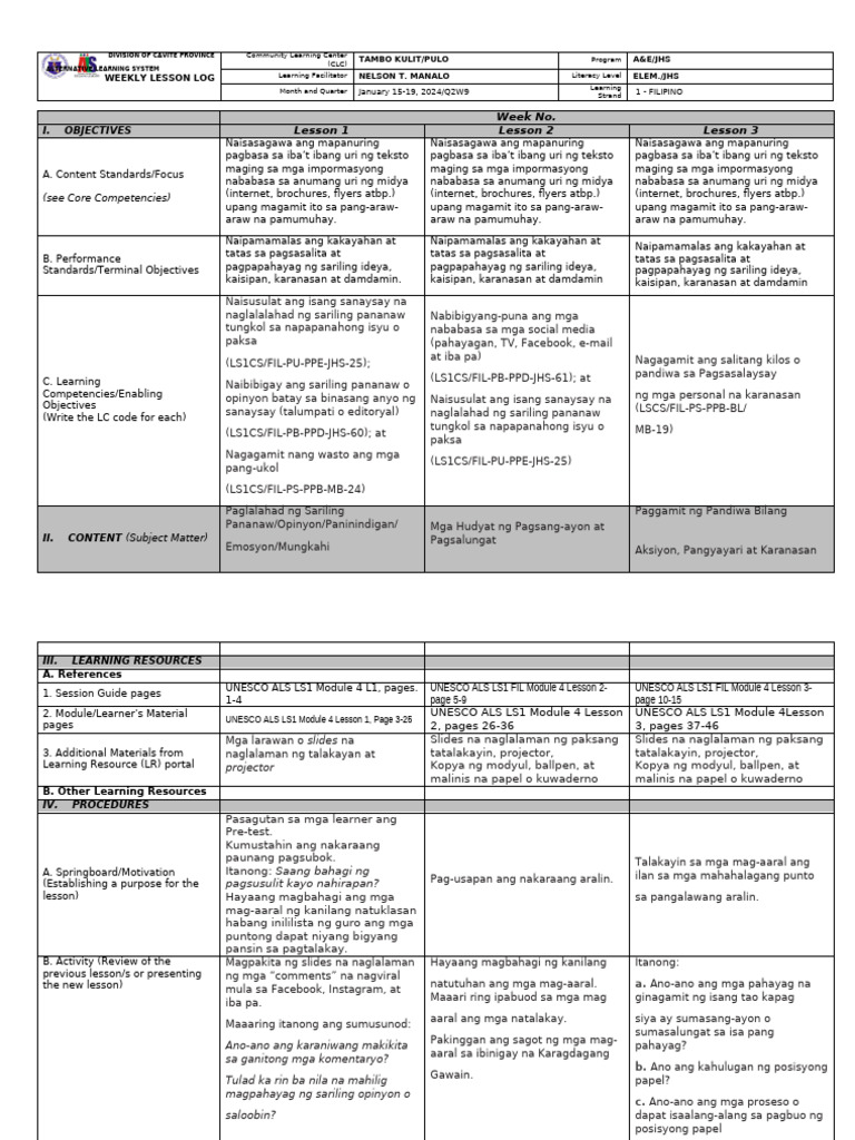 WLL LS1 MOD4 (Lesson1 3) FILIPINO | PDF