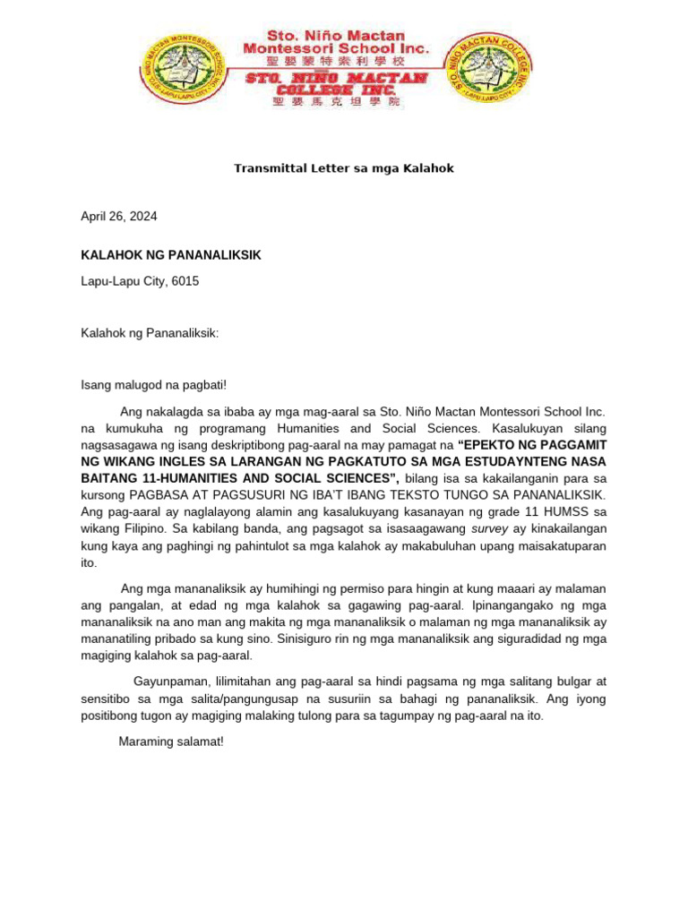 Transmittal Letter Sa Mga Kalahok OK | PDF