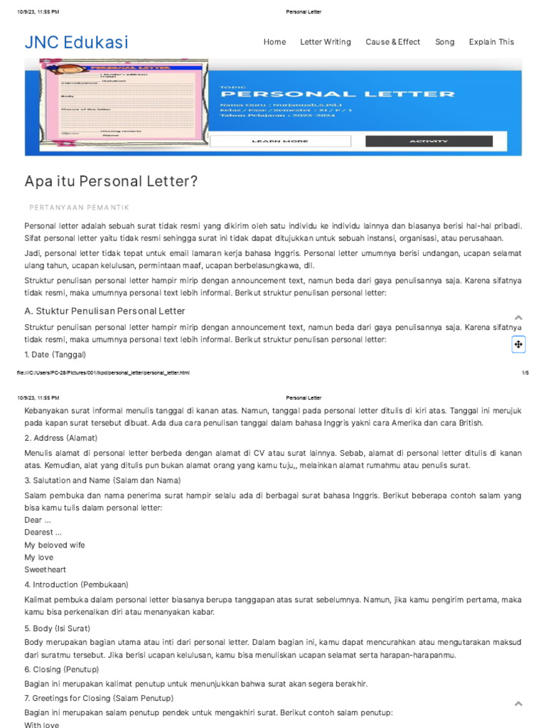 Personal Letter E-LKPD XII | PDF