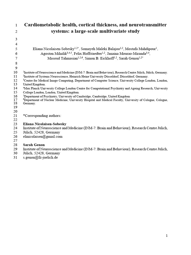 Cardiometabolic Health, Cortical Thickness, and Neurotransmitter 1 ...