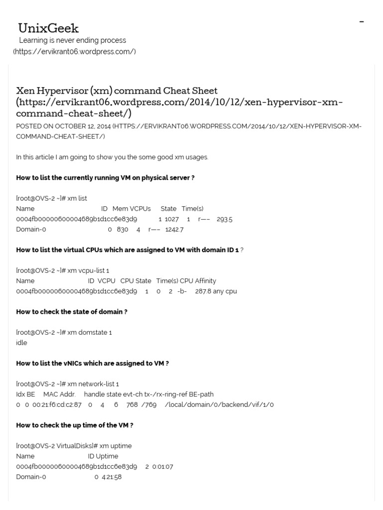 Xen Hypervisor (XM) Command Cheat Sheet UnixGeek | PDF