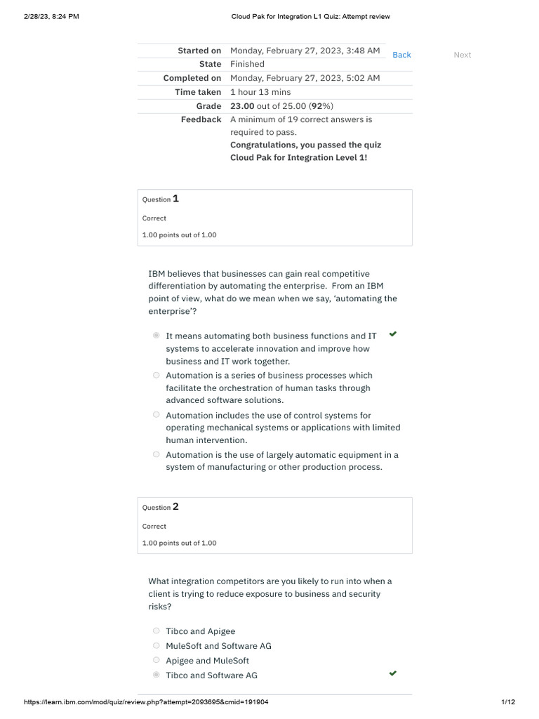 Cloud Pak For Integration Fundamentals Level 1 Quiz - Attempt Review | PDF