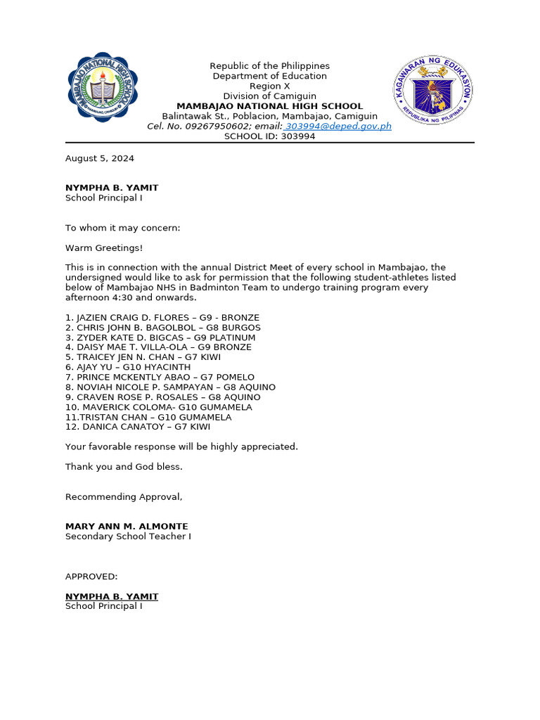 Letter of Excuse For Athletes - 021229 | PDF