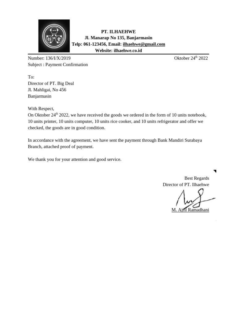 Contoh Surat Payment Confirmation | PDF