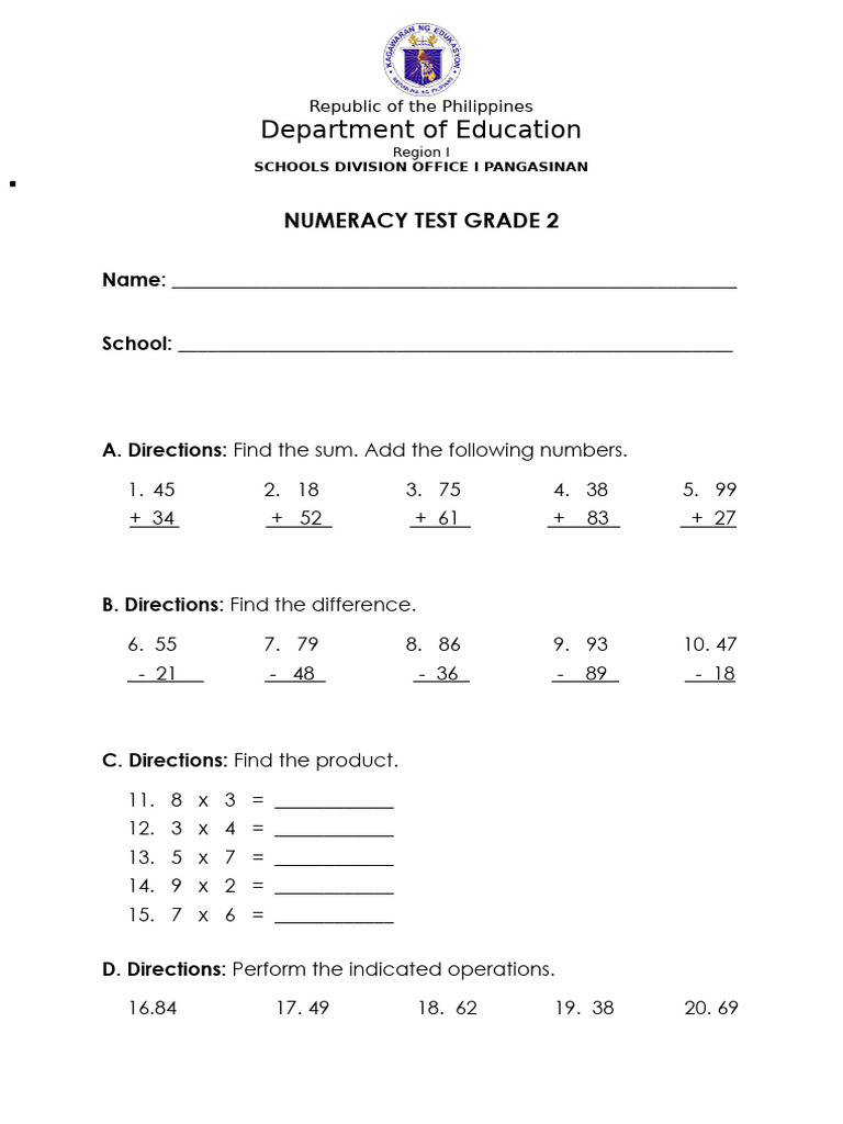 Grade 2 Numeracy Pretest | PDF