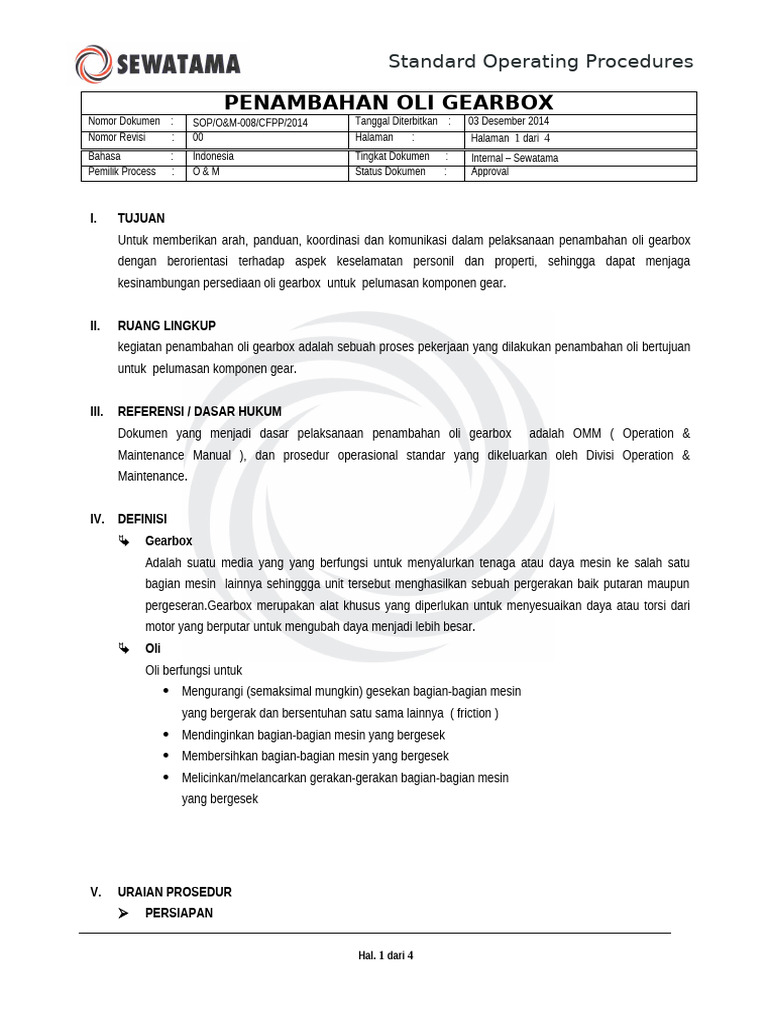 SOP - O&M - 008 - 02 - 2014 - Penambahan Oli Gearbox | PDF