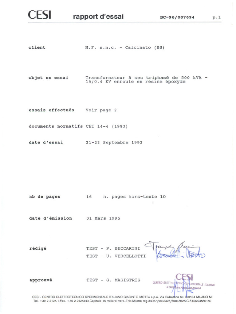 Rapport D'essai Transfo 500kva | PDF