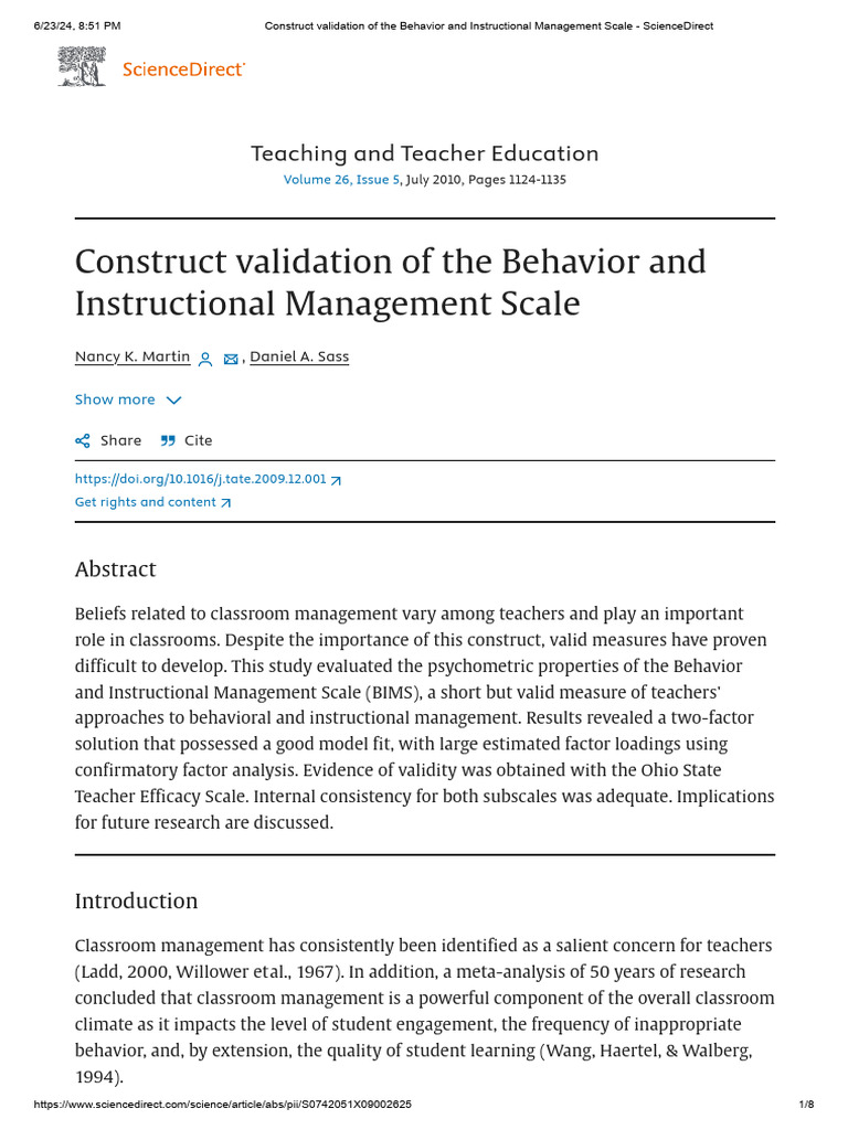 Construct Validation of The Behavior and Instructional Management Scale - ScienceDirect | PDF ...