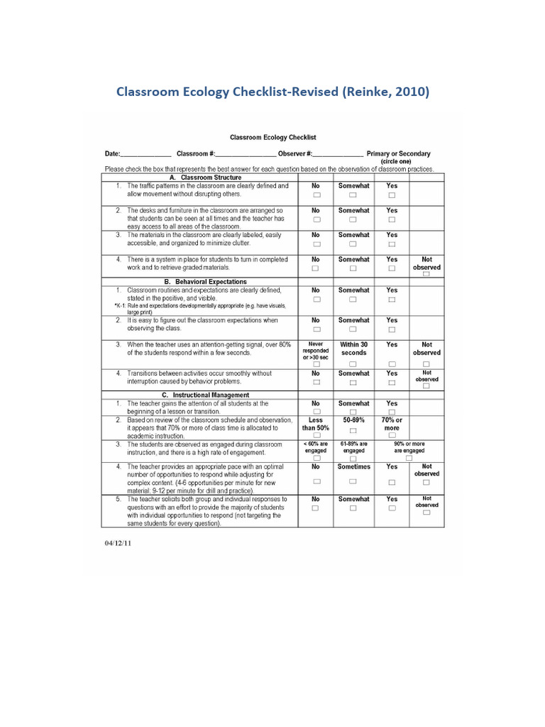 Classroom Ecology Checklist-Revised (Reinke, 2010) | PDF