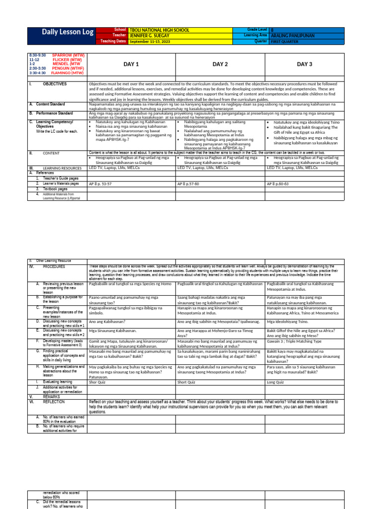 Daily Lesson Log: Day 1 Day 2 Day 3 | PDF