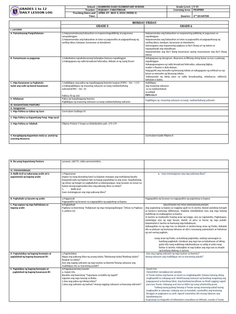 Q4 Multi DLL Filipino Week 5 | PDF