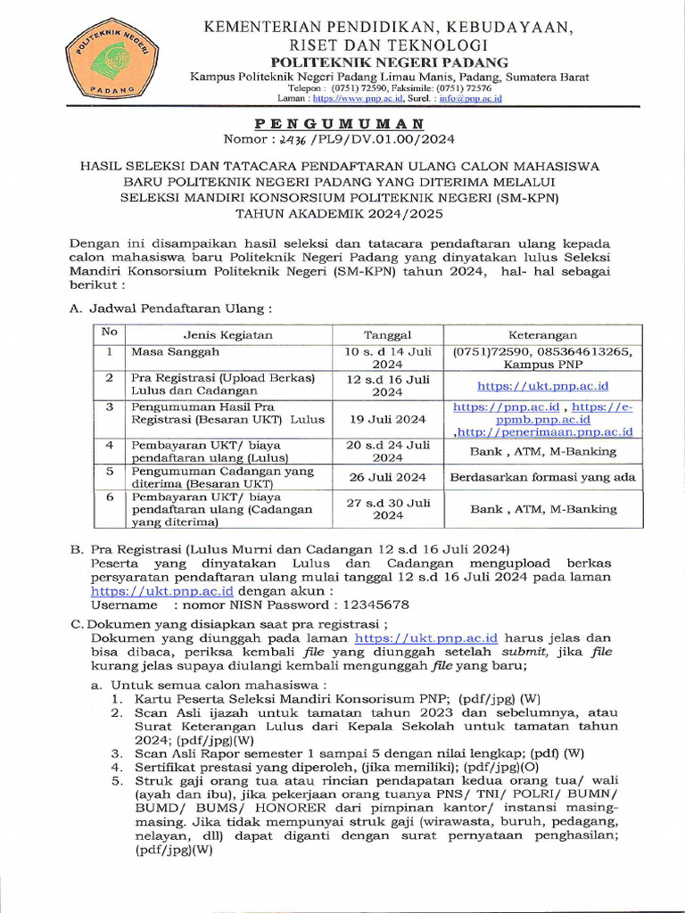 1 Pengumuman Jadwal Dan Tatacara Daftar Ulang Seleksi Mandiri Konsorsium | PDF