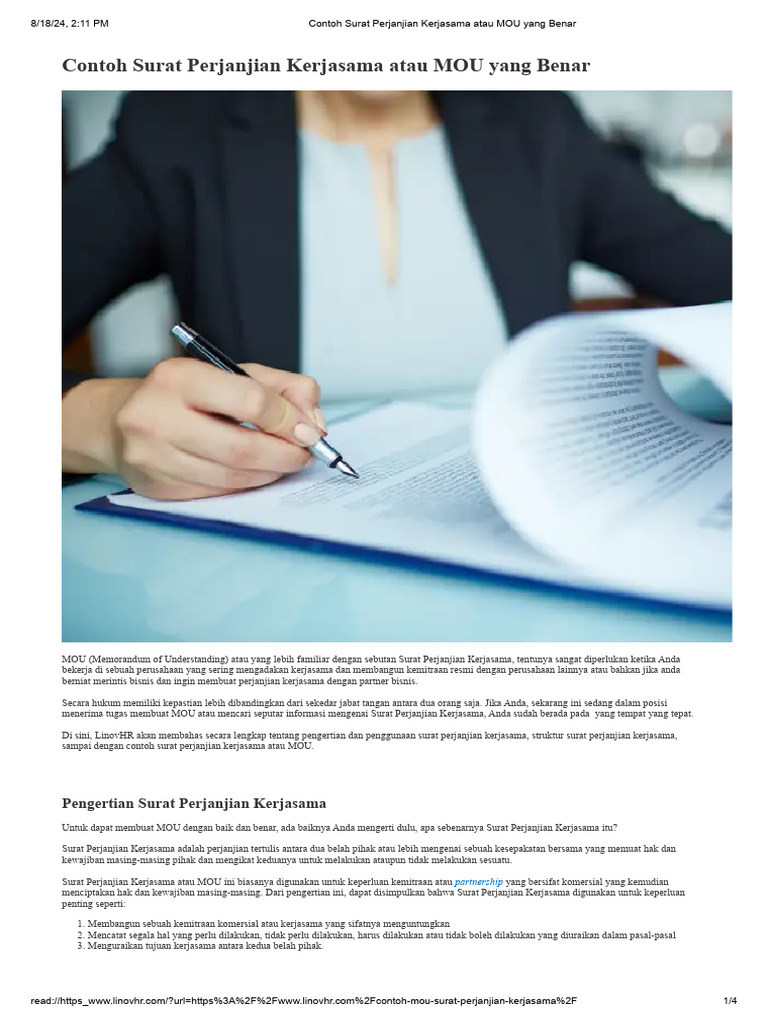 Contoh Surat Perjanjian Kerjasama Atau MOU Yang Benar | PDF