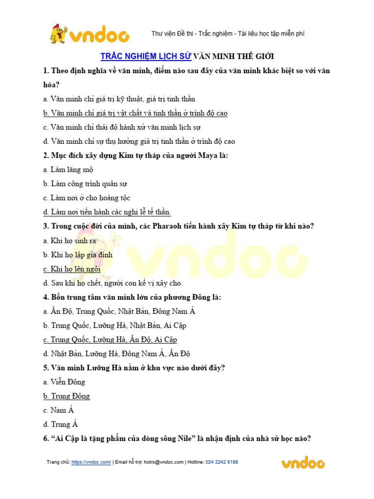Cau Hoi Trac Nghiem Lich Su Van Minh The Gioi | PDF