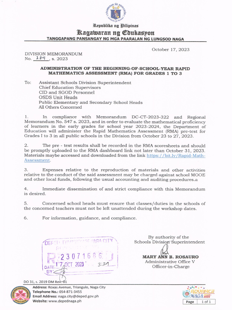 DM No. 284, S. 2023 Administration of The Beginning-of-School-Year ...