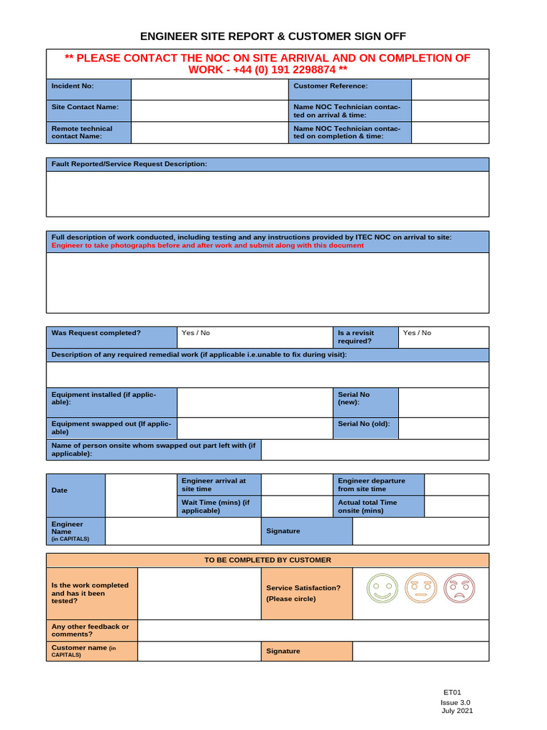ET01-On Site Engineer Sign-Off Form July 2021 | PDF