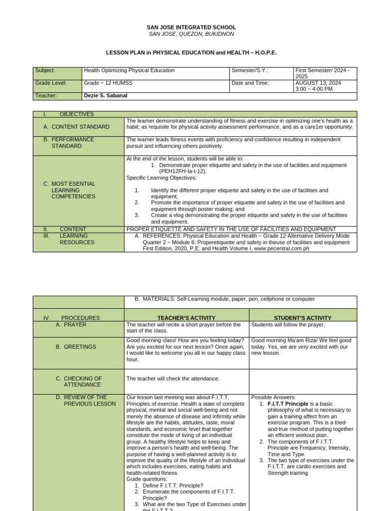 Grade 12 PE-LESSON-PLAN-IN-PE-12 | PDF