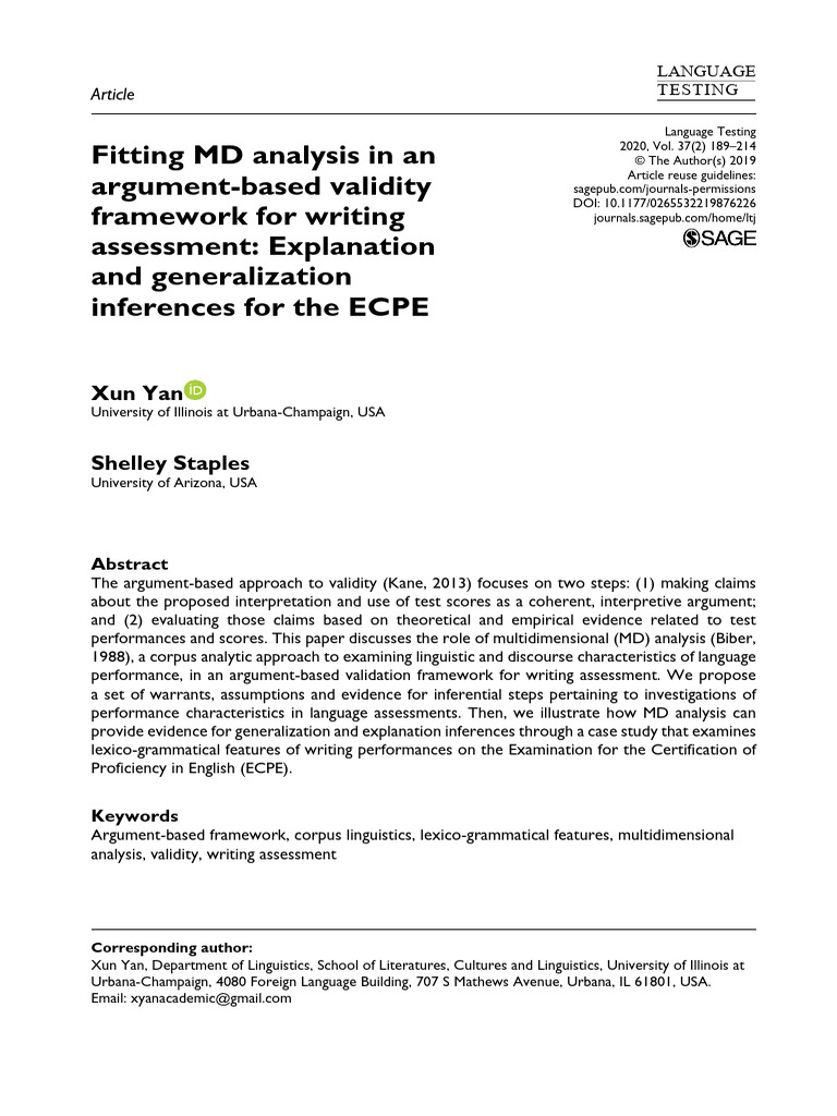 Fitting MD Analysis in An Argument-Based Validity Framework For Writing Assessment: Explanation ...