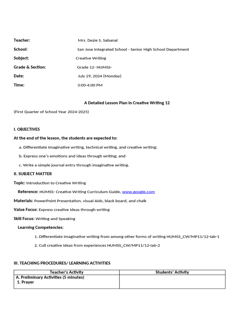 LP Creative Writing G12 Ist Sem Ready To Print | PDF