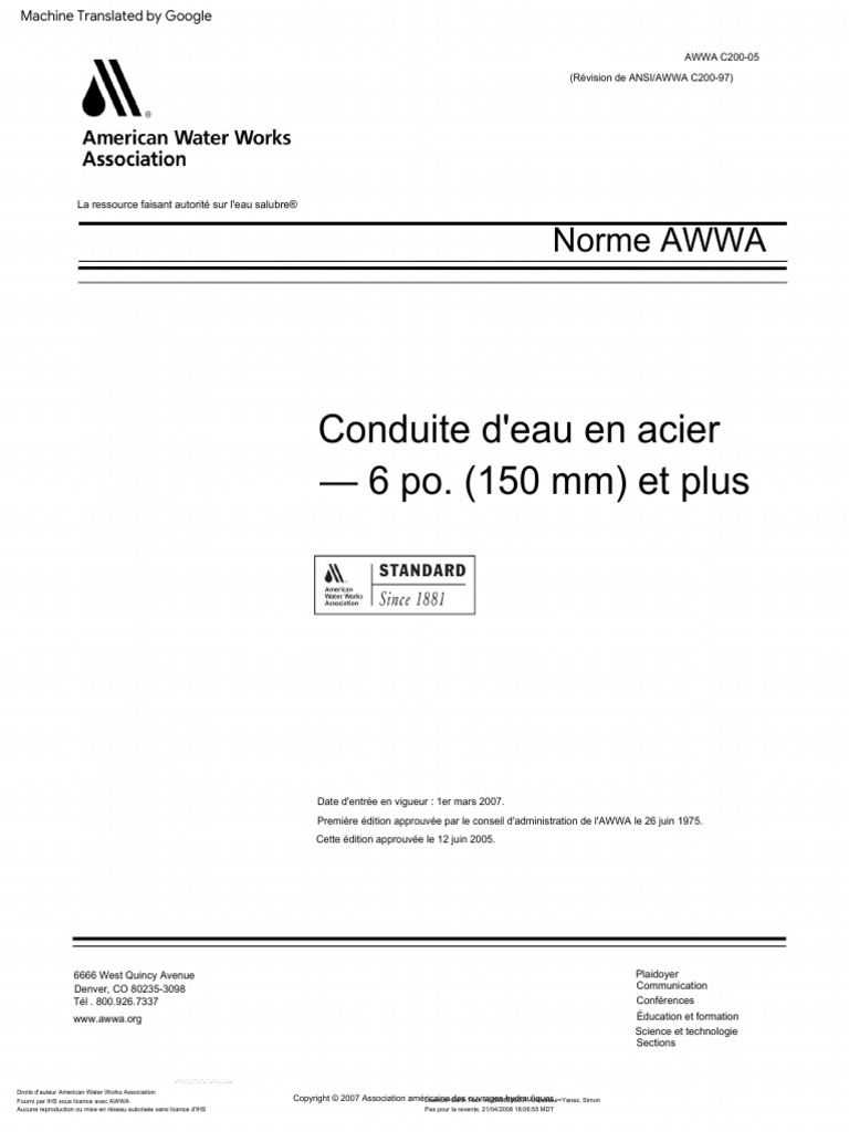 Conduite D'eau en Acier - 6 Po. (150 MM) Et Plus: Norme AWWA | PDF