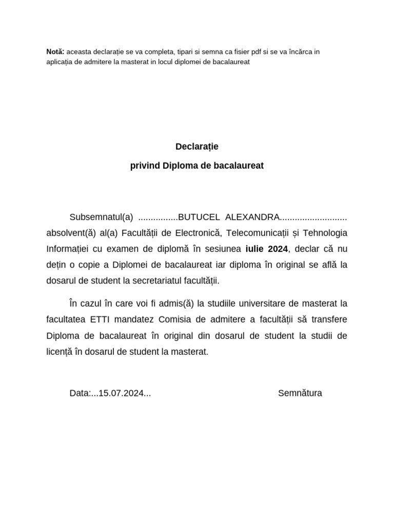 Declaratie Diploma BAC 2024 | PDF