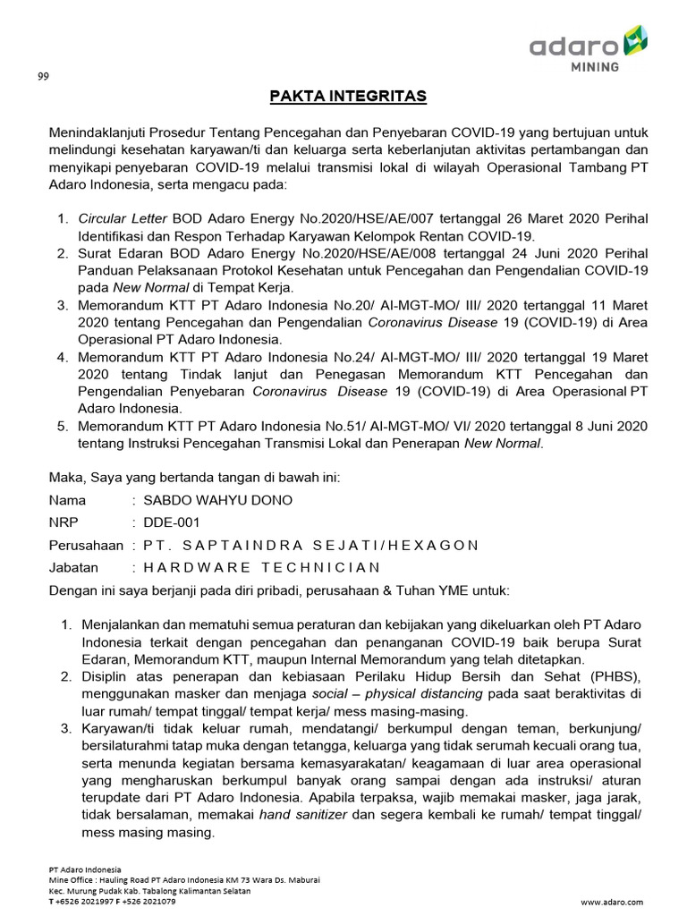 Pakta Integritas-SABDO | PDF