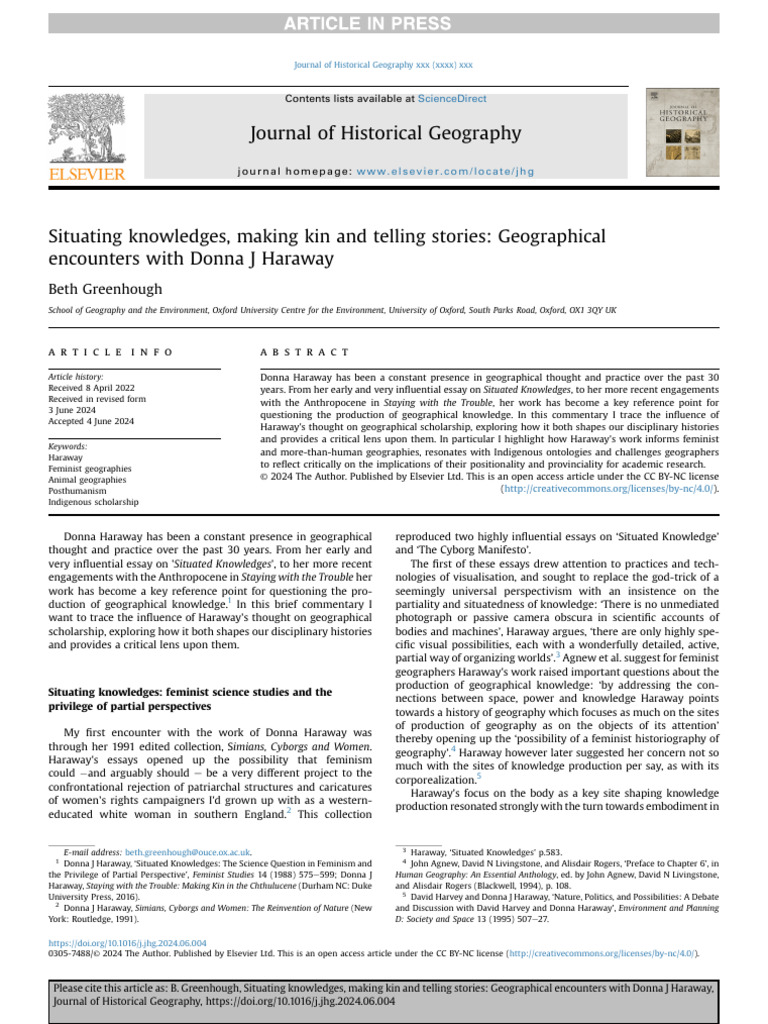 Situating Knowledges, Making Kin and Telling Stories - Geographical ...