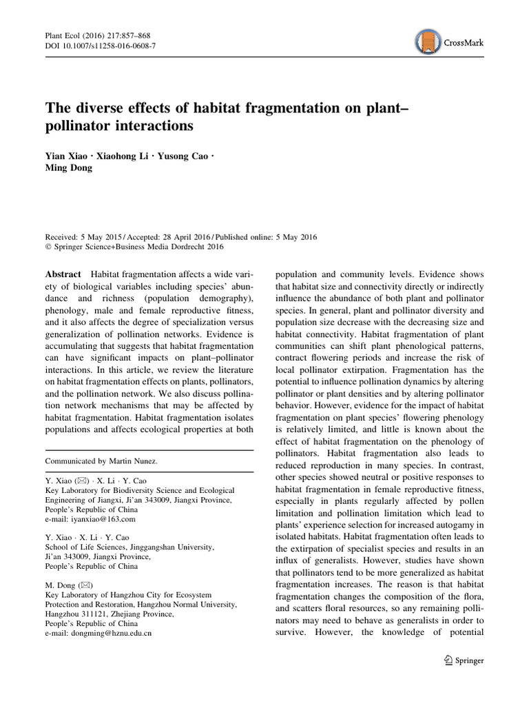 The Diverse Effects of Habitat Fragmentation On Plant-Pollinator ...