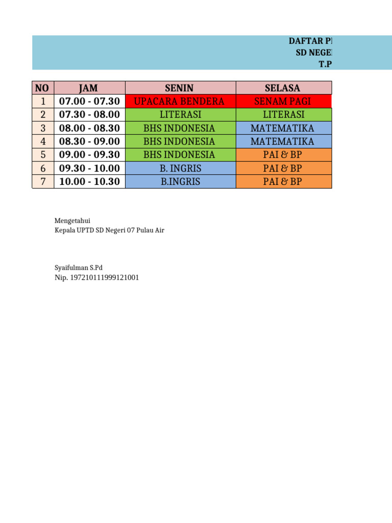 jadwal pelajaran kelas 1 c-1 | PDF