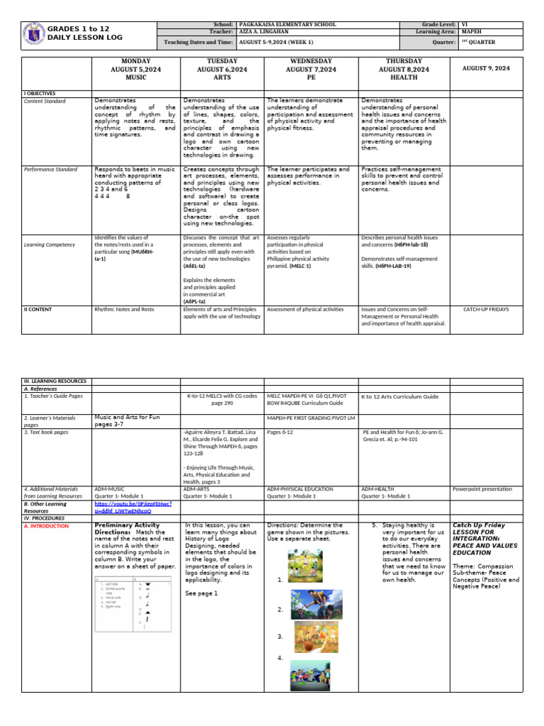 DLL Mapeh 6 Q1 W1 | PDF