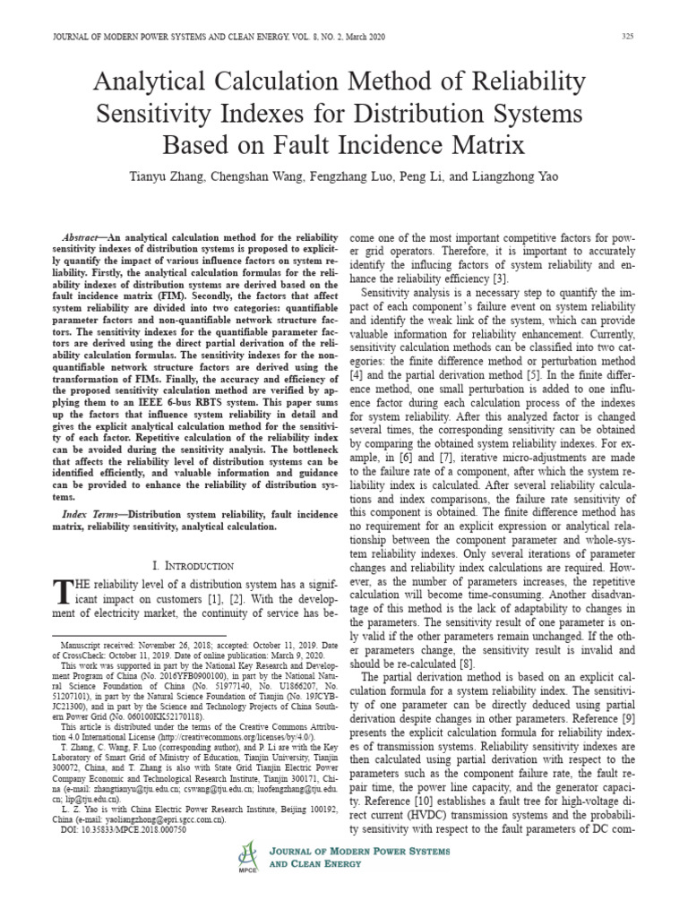 Analytical Calculation Method of Reliability Sensitivity Indexes For Distribution Systems Based ...