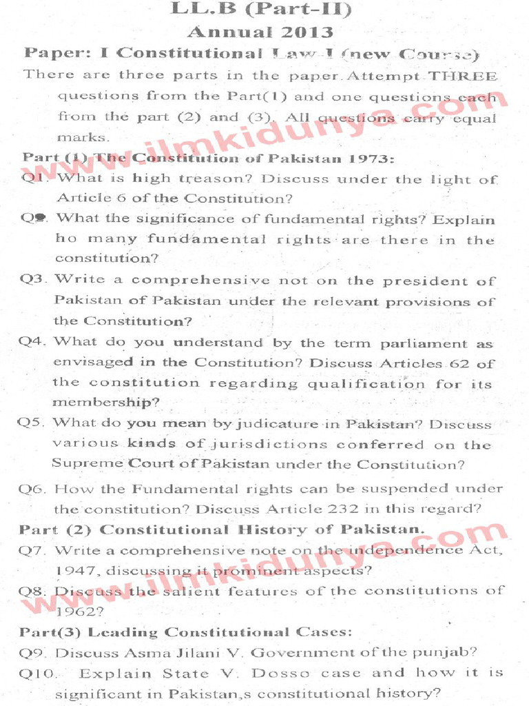 Past Papers 2013 LLB Part 2 Constitutional Law Paper 1 | PDF