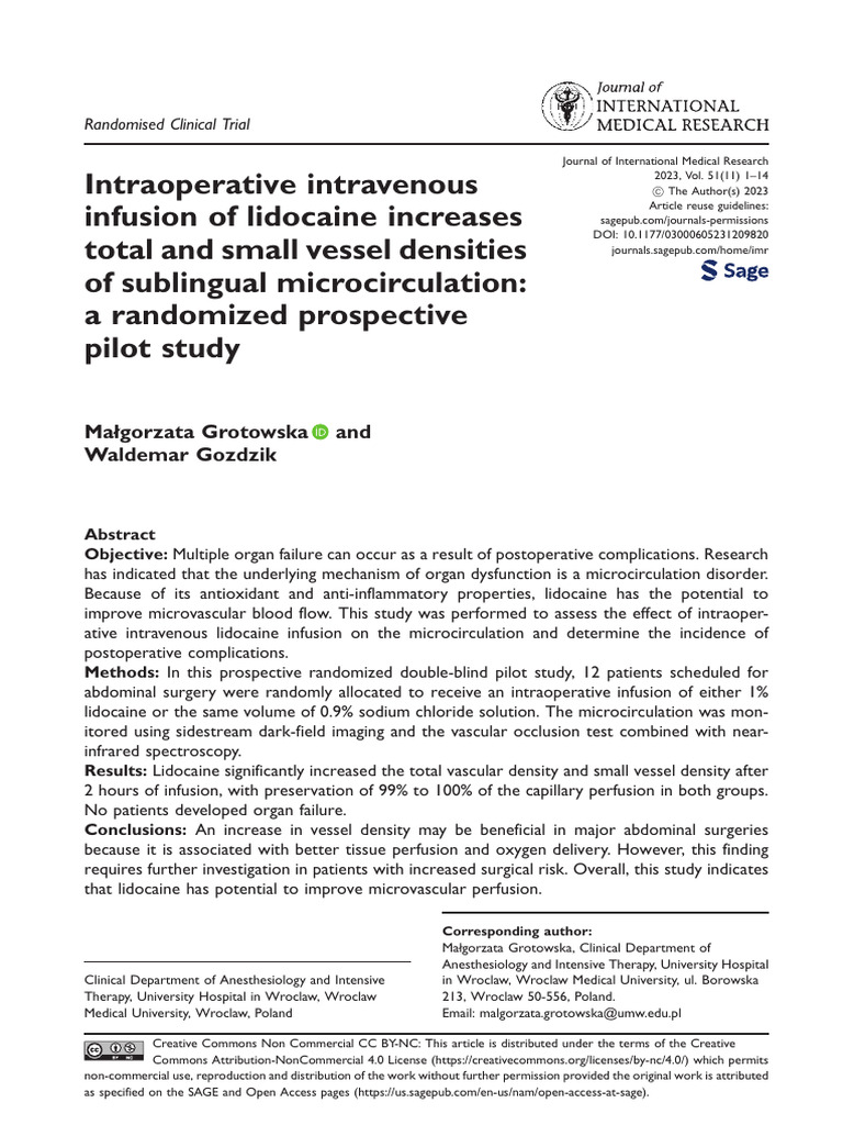 10.1177 - 03000605231209820 Intraoperative Intravenous Lidocaine Increases Tissue Perfusion | PDF