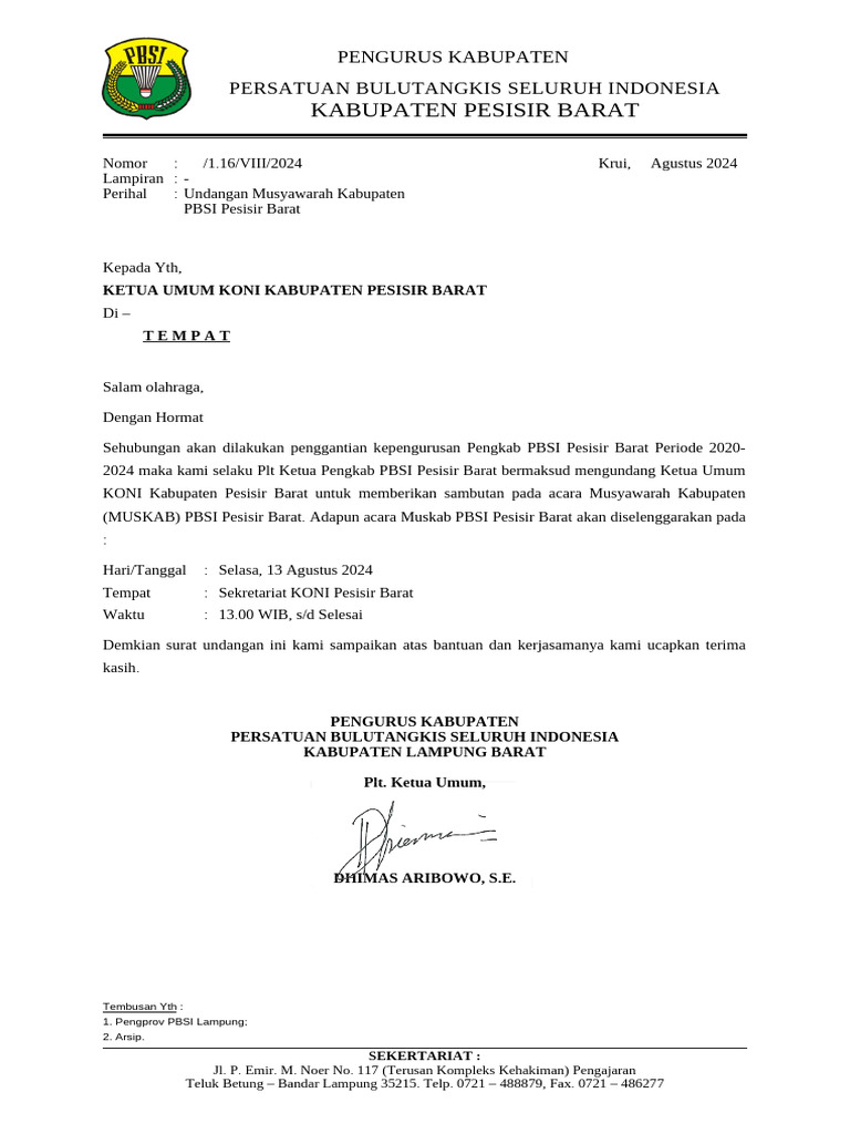 Undangan MUSyawarah Badminton Tingkat KABupaten Muskab | PDF | Seni