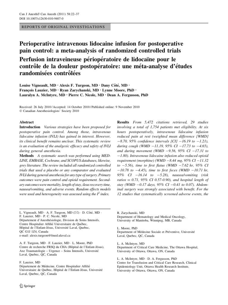 2011 Revsão Sistemática Canadiana Perioperative Intravenous Lidocaine Infusion For Postoperative ...