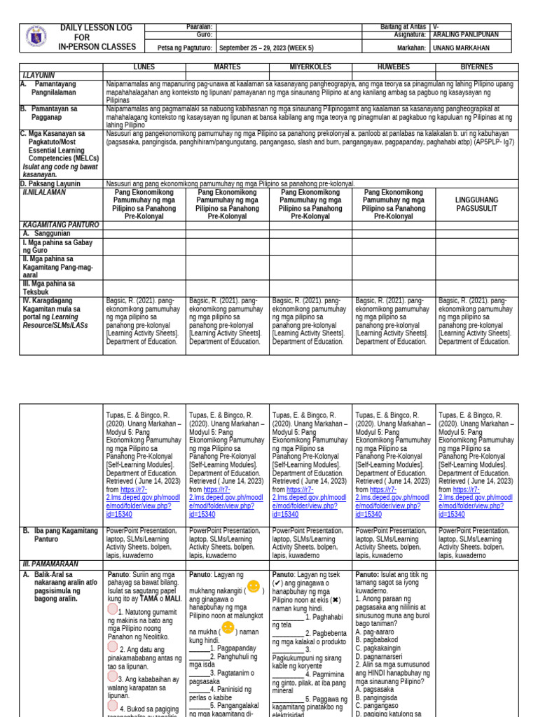 Daily Lesson Log FOR In-Person Classes: I.Layunin | PDF