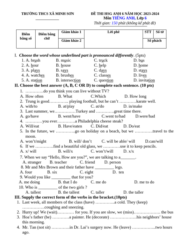 Đê Thi HSG Anh 6 | PDF