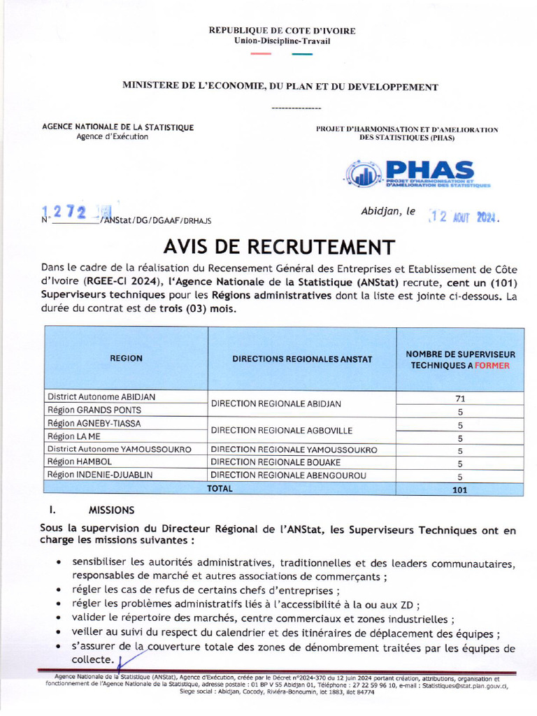 AVIS_RECRUTEMENT_SUPERVISEURS TECHNIQUES_CLUSTER 3_RGEE-CI 2024 | PDF