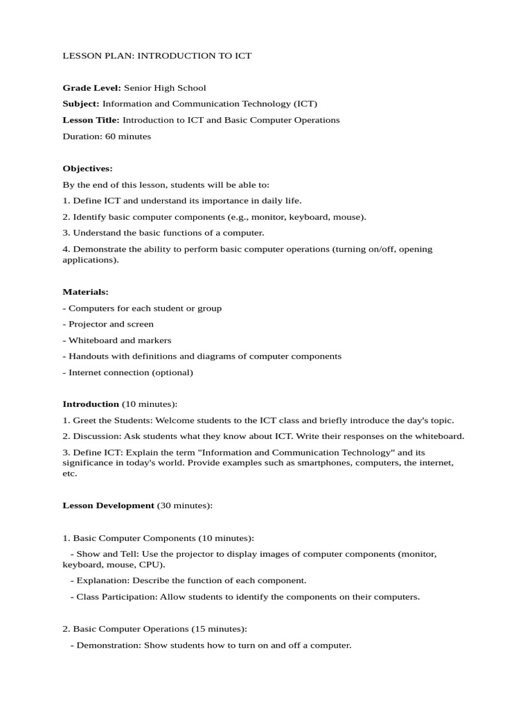 LESSON PLAN of ICT | PDF