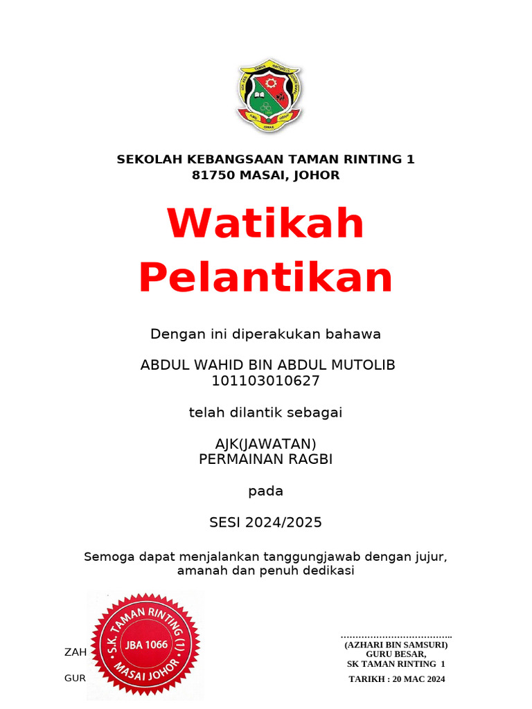 Sijil Pelantikan AJK Ragbi 2024/2025 | PDF