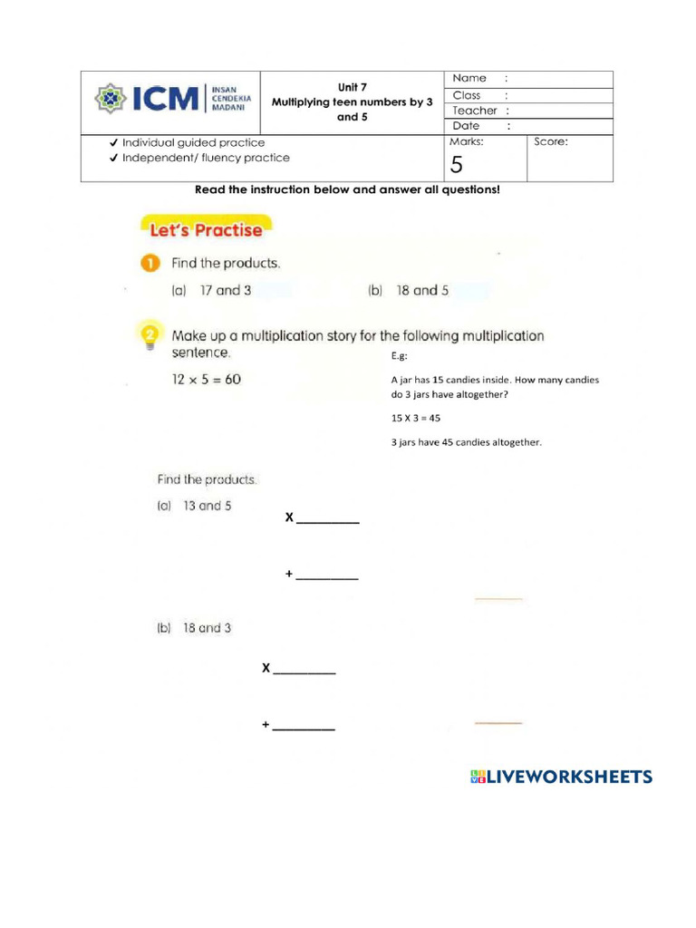 Unit 7 D Multiplying Teen Numbers by 3 and 5 | PDF